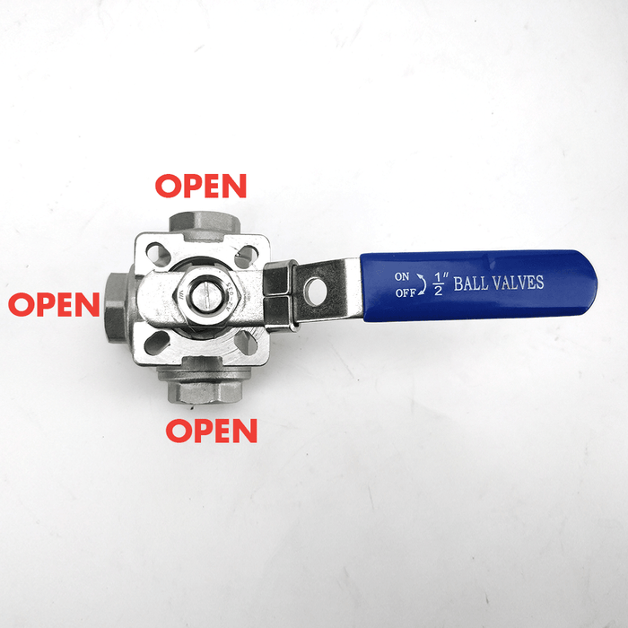 3 Way Ball Valve to 1/2" Threads (SS 304) - T Port Configuration